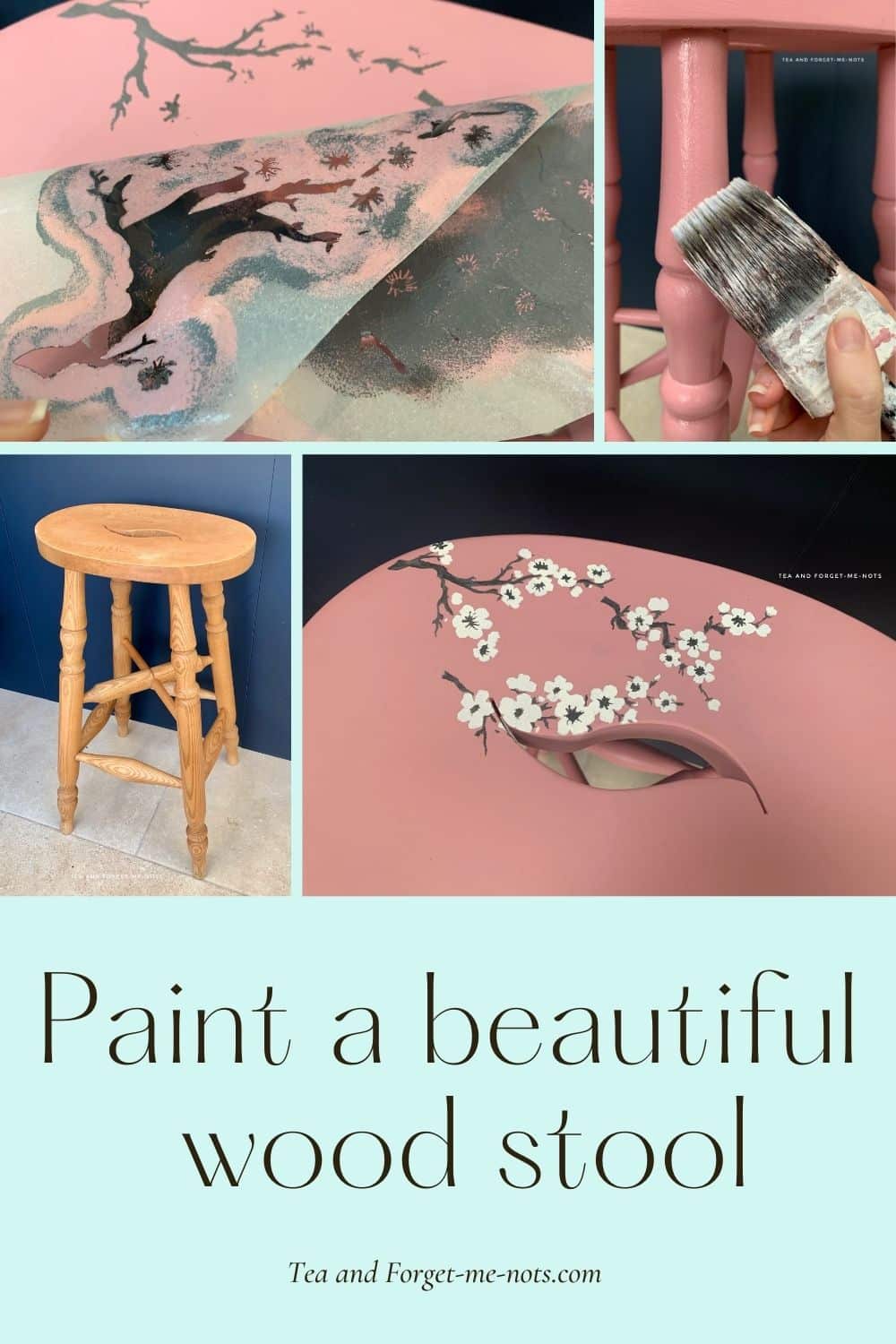 An interesting way to paint a wood stool – Tea and Forget-me-nots