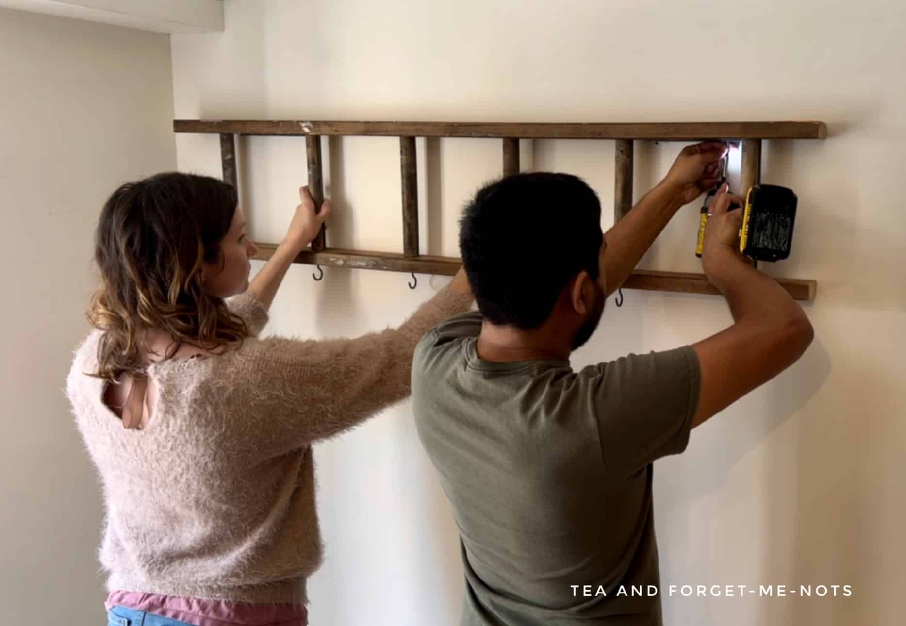 How to Make a DIY Coat Rack With Shelf | Repurposed Ladder – Tea and ...
