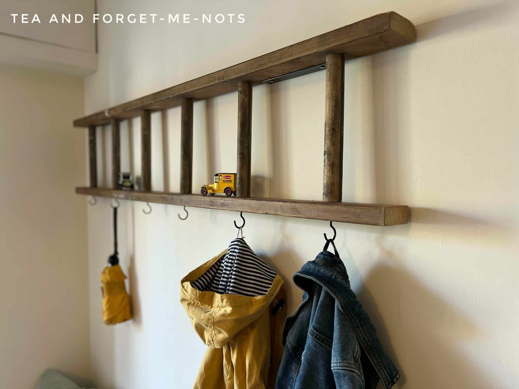 How to Make a DIY Coat Rack With Shelf | Repurposed Ladder – Tea and ...