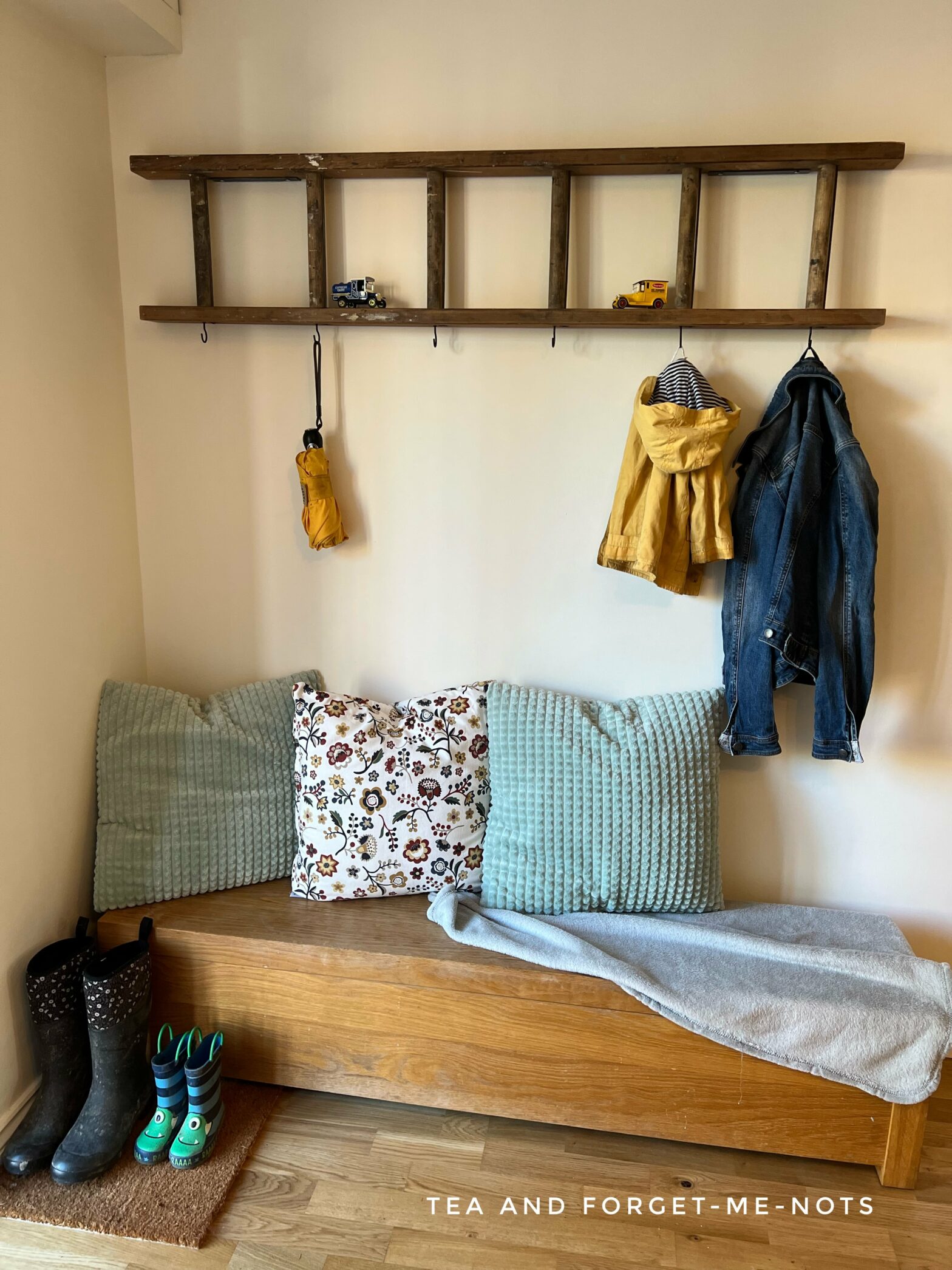 How to Make a DIY Coat Rack With Shelf | Repurposed Ladder – Tea and ...